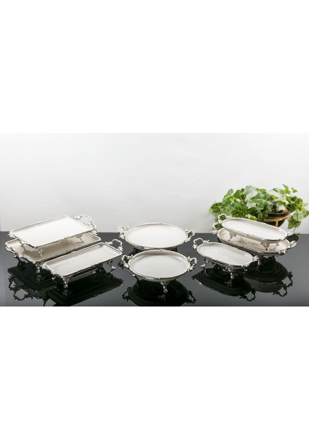 8 Parça Klasik Ayaklı Gümüş Detaylı Porselen Seti Fiyatları ve Özellikleri