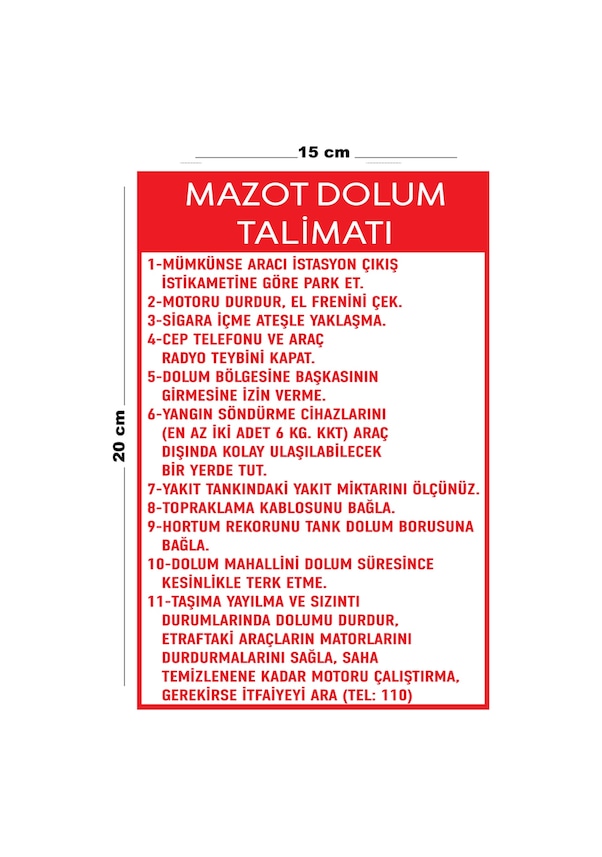 Lucena Metal Mazot Dolum Talimatı 15 Cm X 20 Cm Uyarı Levhası ...