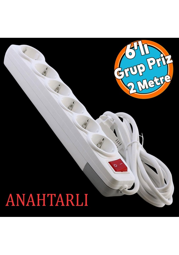 6'lı Grup Priz Anahtarlı Topraklı 2 Metre Seyyar Ara Kablolu Uzatma Kablolusu Altılı Piriz Kablo ...