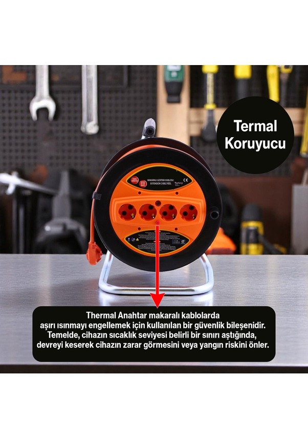 Plastik Seyyar Makaralı Cca Uzatma Kablosu 3x2.5 Mm 30 Metre 4 Prizli Monofaze Termal Sigortalı ...