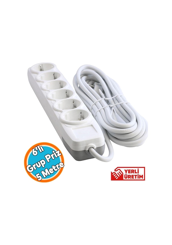 6'lı Grup Priz Altı Gözlü Anahtarsız Topraklı 5 Metre Seyyar Ara Kablolu Uzatma Kablolusu Altılı ...