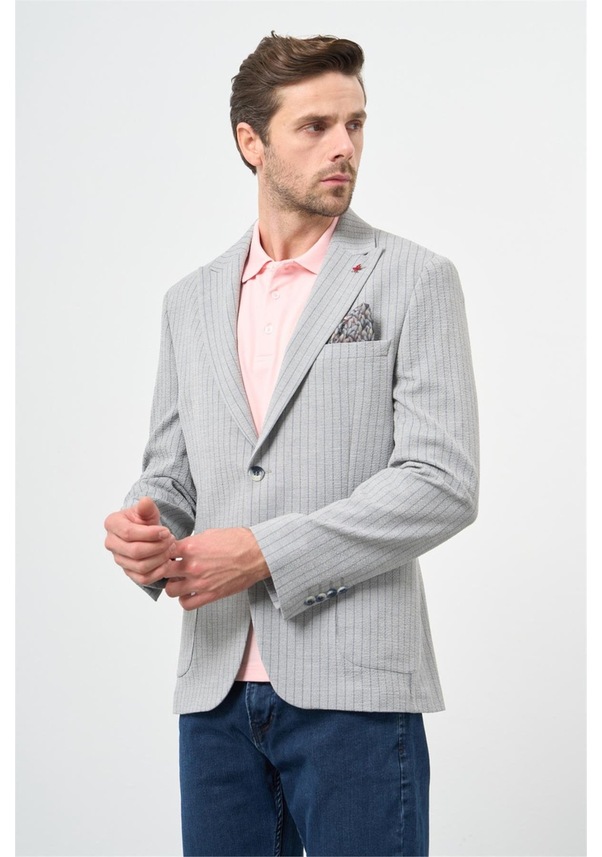 Gri Çizgili Gofreli Kırlangıç Yaka Likralı 6 Drop Slim Fit Dar Kesim ...