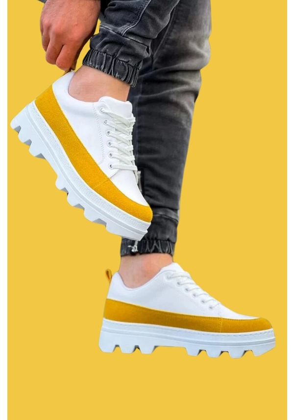 Shoecide Sbkb-056 Bağcıklı Sarı Detaylı Beyaz Yüksek Taban Erkek Günlük ...
