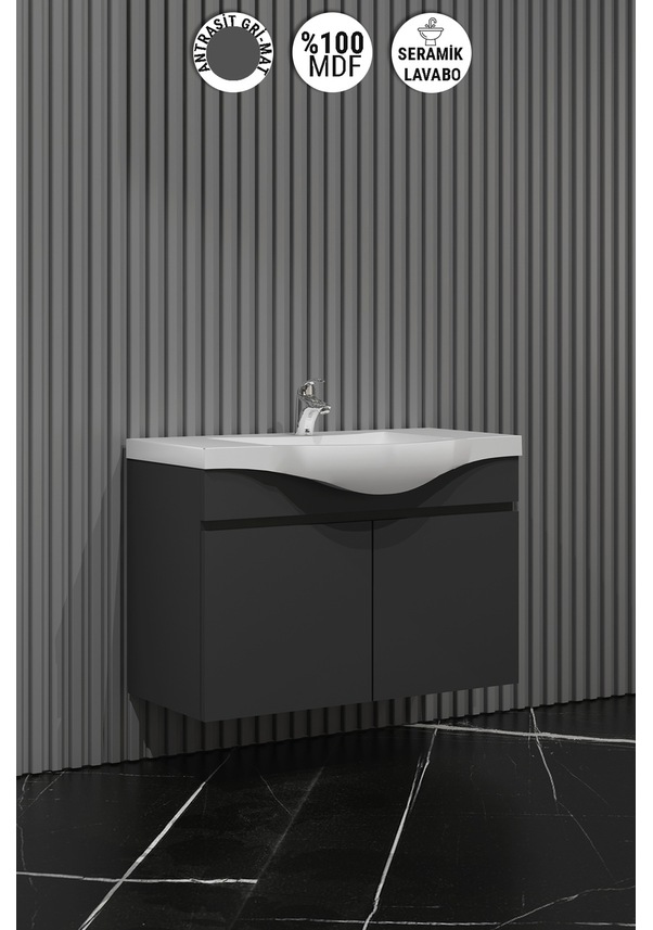 Yıldız 75 Cm Antrasit Gri Mat Mdf Seramik Lavabolu Banyo Dolabı ...