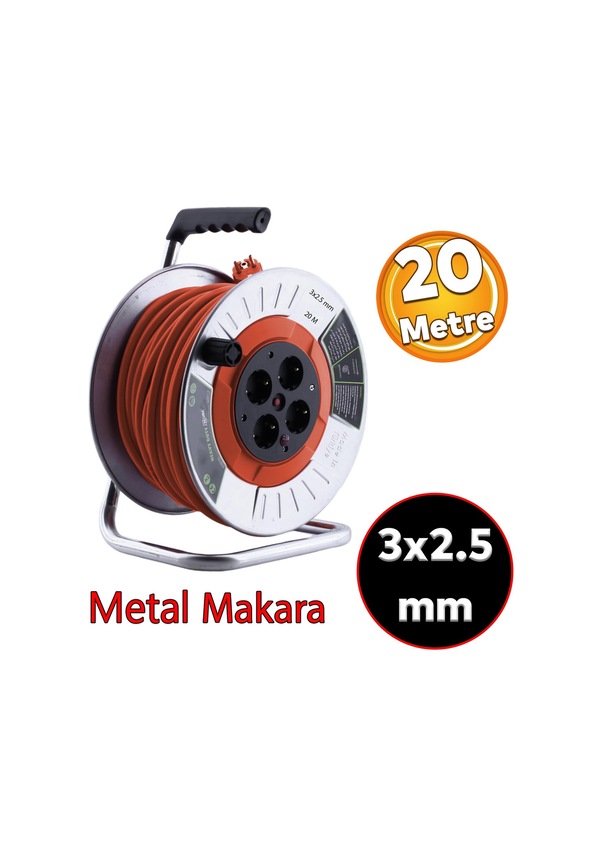 Metal Makaralı Seyyar Cca Kablo 4 Prizli Monofaze Uzatma Kablosu 3x2.5 Mm Ttr Kablo 20 Metre ...