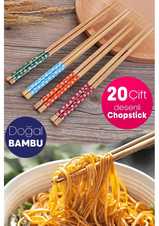 20 Çift Bambu Chopstick Desenli Yıkanabilir Kore Çin Yemek Çubuğu El ...