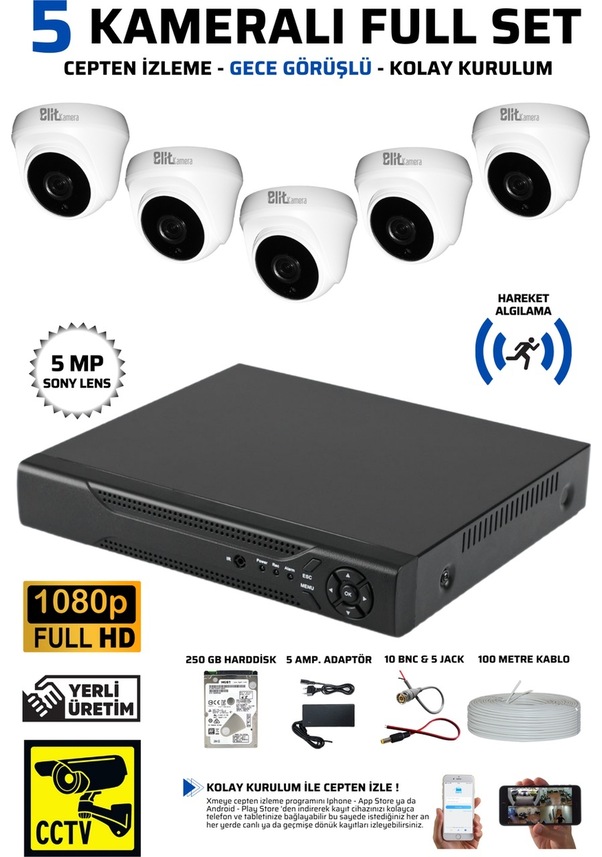 5 Kameralı 5mp Sony Lens Fullhd 1080p Kamera Seti 250gb Hard Disk ...