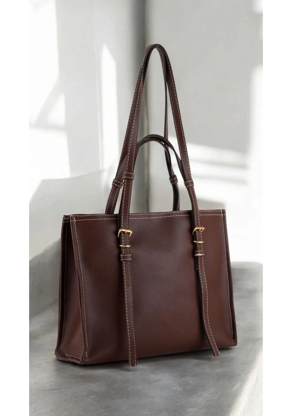 Norma Acı Kahve Cilt Dikiş Detaylı Çift Askılı Kadın Omuz Çantası Acı ...