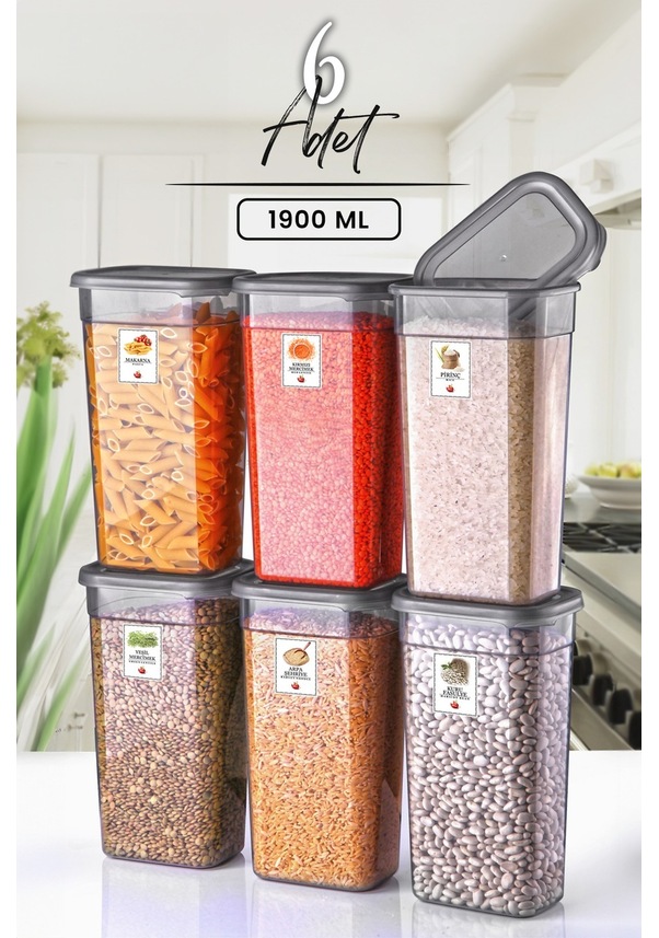 KitchenLife 6'lı Etiketli Moly Dikdörtgen Erzak Saklama Kabı Seti 1900ml - Kavanoz Baharatlık ...