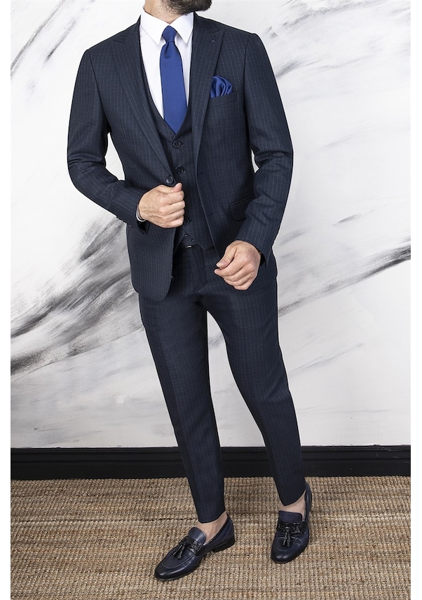 Paco Romano Erkek Slim Fit Sivri Yaka Lacivert Çizgili Yelekli Takım ...