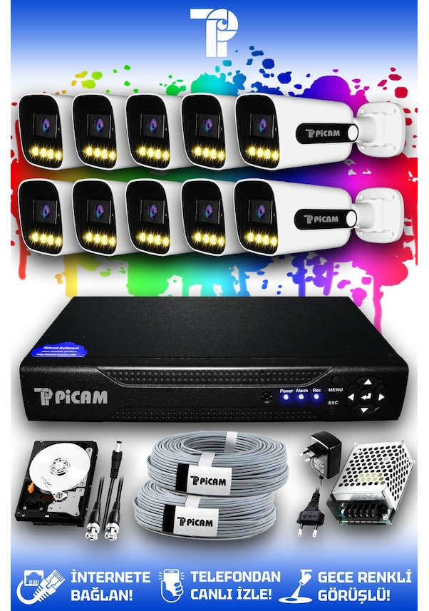 Picam 10 Kameralı Zebra 10 Dış Kamera Set 1 TB HDD Full HD Renkli Gece ...