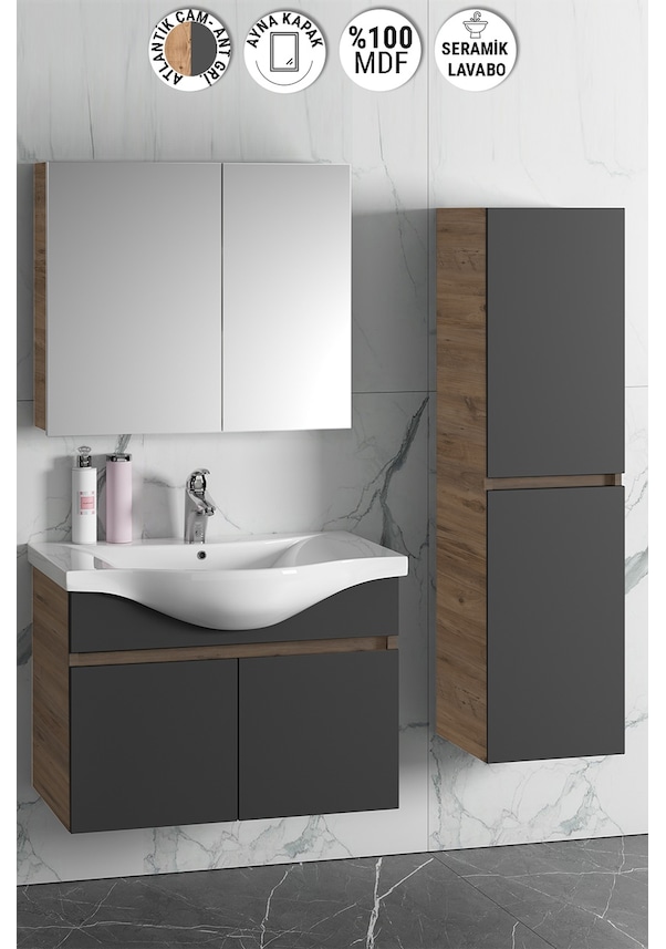 Yıldız 80+35 Cm Atlantik Çam-Antrasit Gri Mat Mdf Seramik Lavabol ...