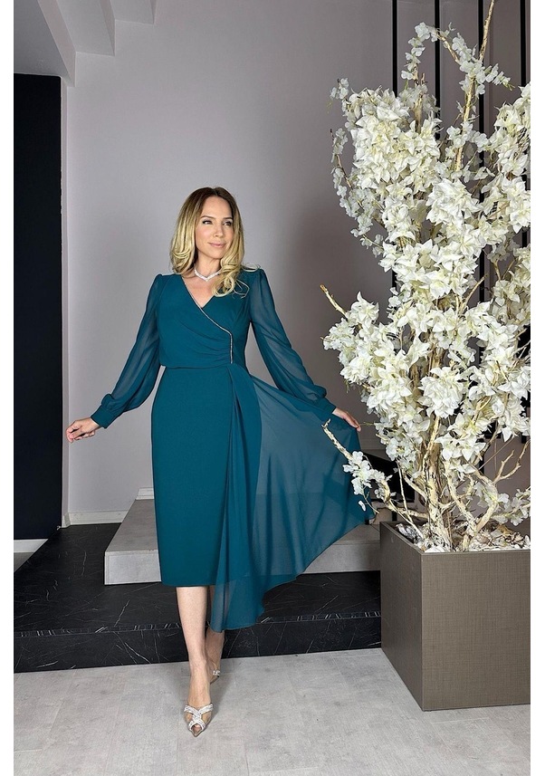 G0983 Taş Detaylı Şifon Kollu Abiye Elbise Zümrüt-zümrüt 48 Fiyatları ve Özellikleri