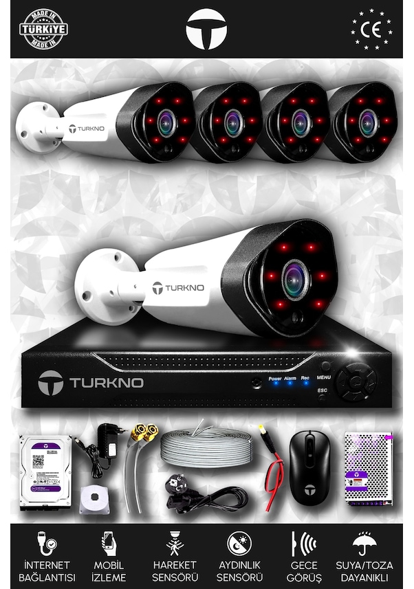 Turkno 5 Kameralı Galia 5 Dış Kamera Set 100 GB HDD Full HD Gece Görüşlü Güvenlik Kamerası ...