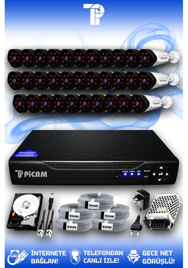 Picam 32 Kameralı Uzay 32 Dış Kamera Set 2 TB HDD Full HD Gece Görüşlü ...