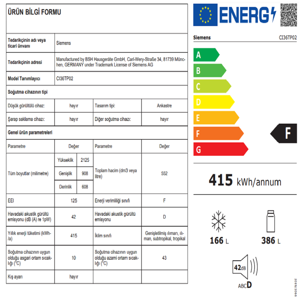 Siemens CI36TP02 552 LT No-Frost Ankastre Buzdolabı Fiyatları ve ...