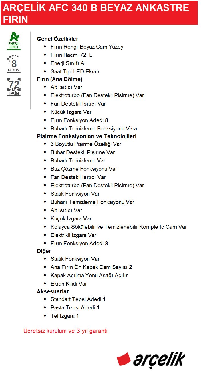 Arçelik AFC 340 B - OCD T 651 EB - ADE 606 B New Star Beyaz Cam ...