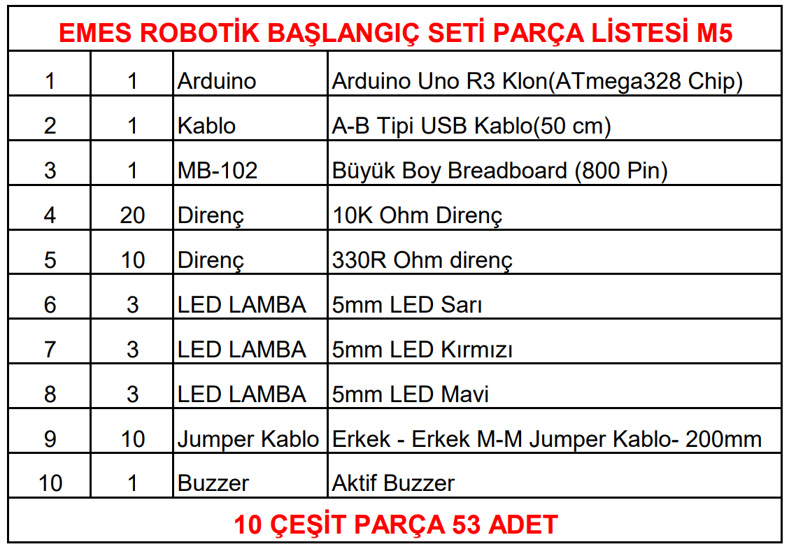 Emes Robotik Arduino Uno R3 53 Parça Robotik Başlangıç Seti M5 ...
