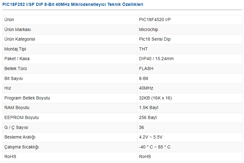 Microchip Pic Mikrodenetleyici Pıc18F4520 I/P 8-Bit 40Mhz Dip-40 Fiyatları ve Özellikleri