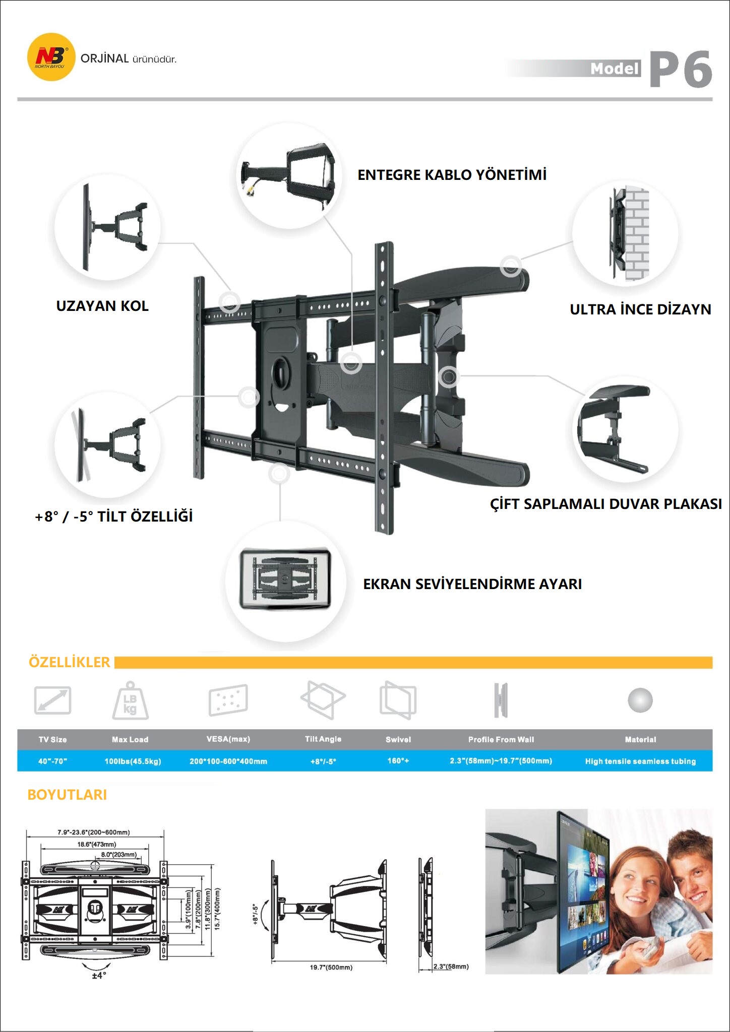 Nb North Bayou P6 LCD LED 45"–75" Vesa Ultra Ince Tv Askı Aparatı ...