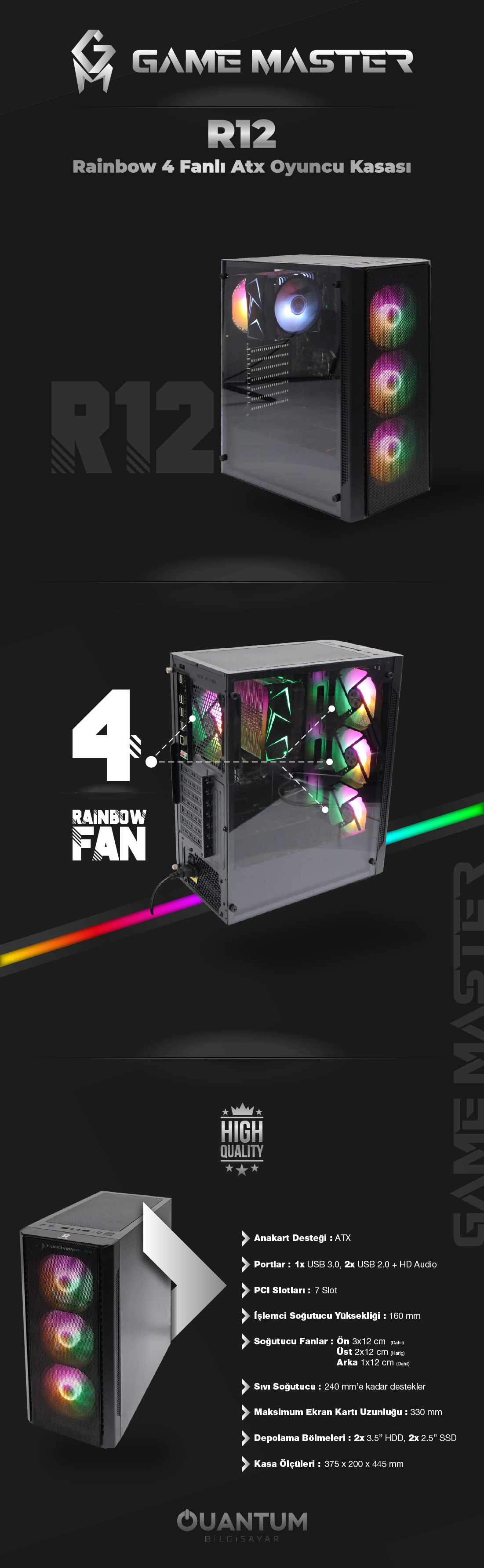 Game Master R12 Rainbow 4 Fanlı Atx Oyuncu Kasa Fiyatları ve Özellikleri