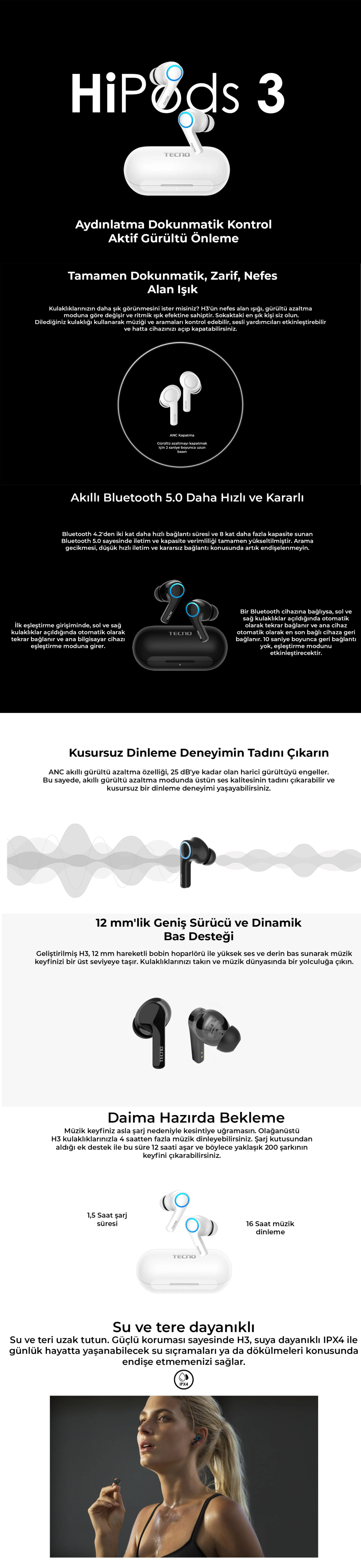 Tecno Hipods-H3 TWS Bluetooth Kulak İçi Kulaklık Beyaz Fiyatları ve ...