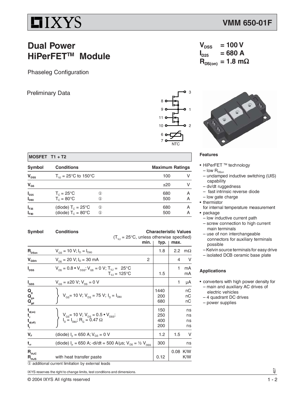 Vmm650-01F 650A 100V Çift Mosfet Transistör Modülü Fiyatları ve Özellikleri