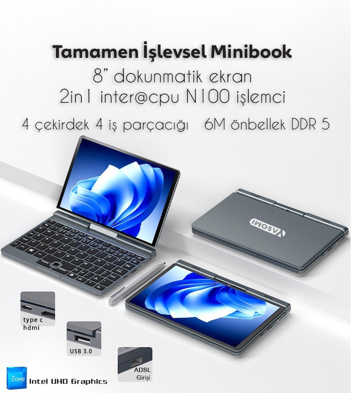 Yasomi Minibook N100 12 GB 1 TB SSD 8" Free Dos Minibook Fiyatları ve Özellikleri