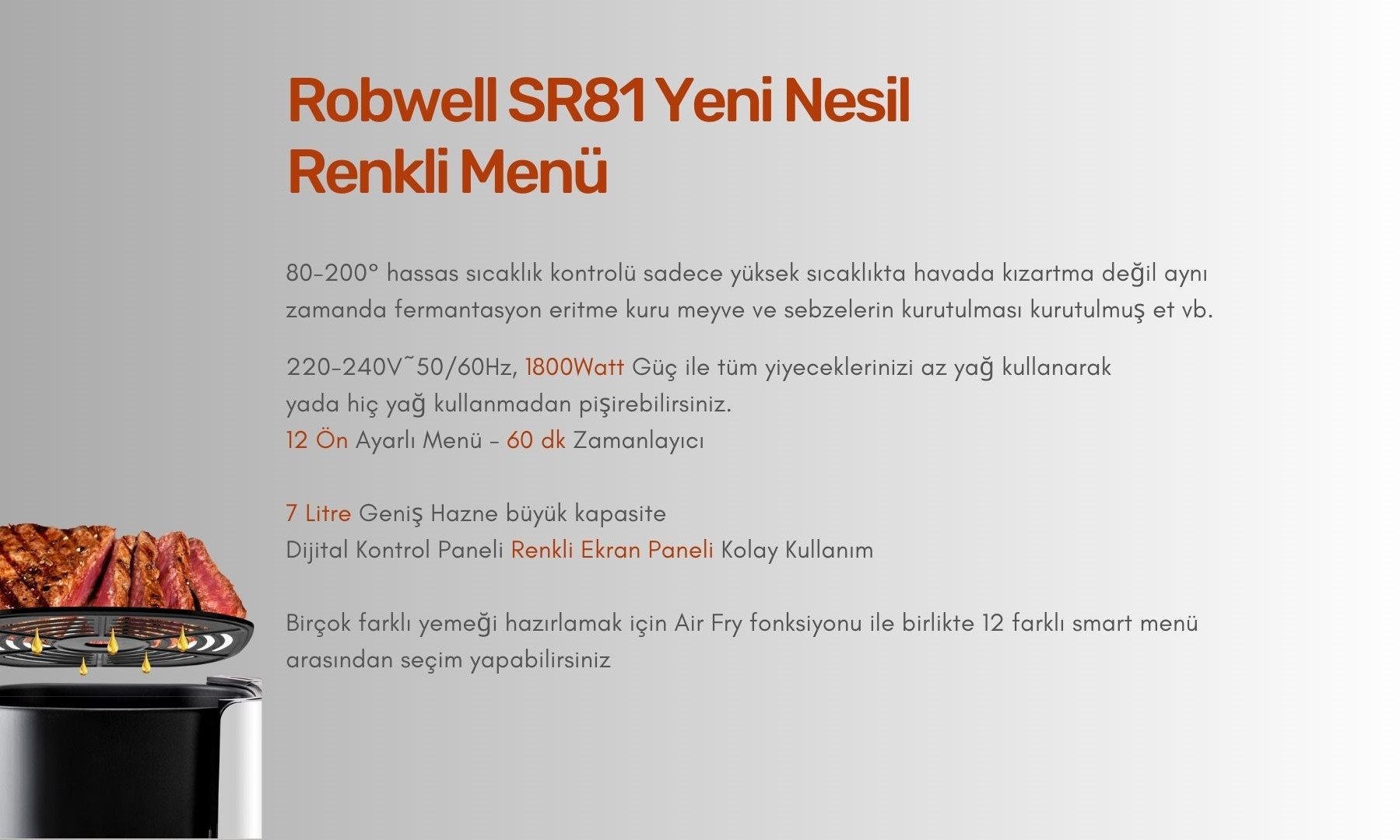 Robx Robwell SR81 Yeni Nesil Renkli Menü 12 Pişirme Ayarlı Airfryer ...
