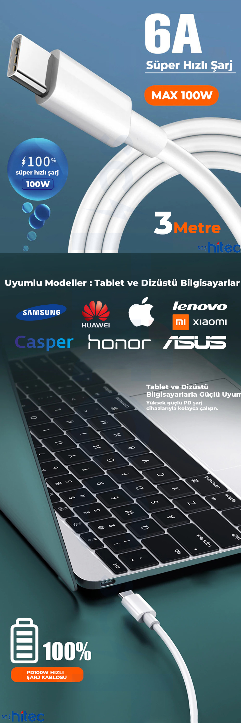 ScHitec Oppo Reno 8Lite 5G 6A 100W Type-C to Type-C 3M Şarj Kablo ...