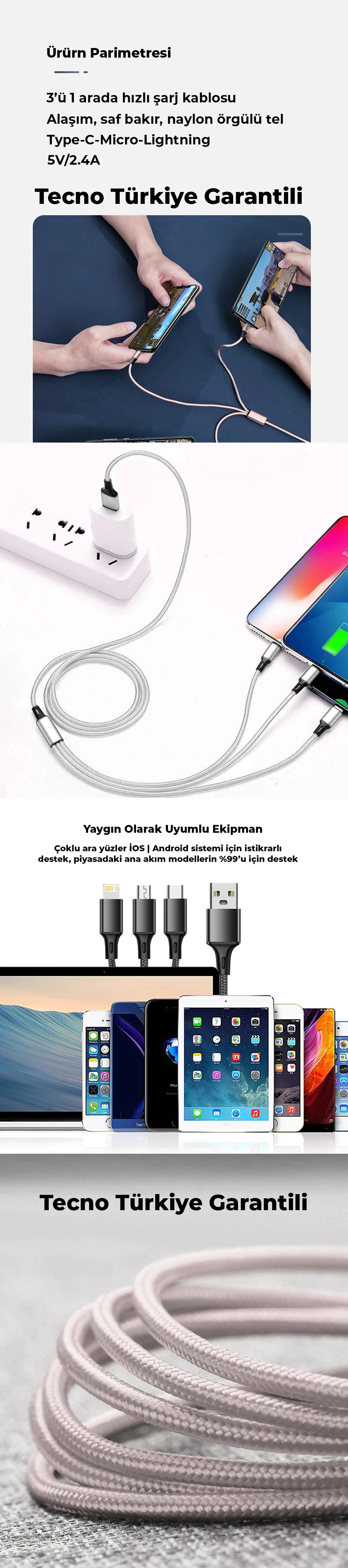 Tecno Redmi Note 9 Pro Max 3in1 Lightning Type-C Micro Şarj Kablo Fiyatları ve Özellikleri