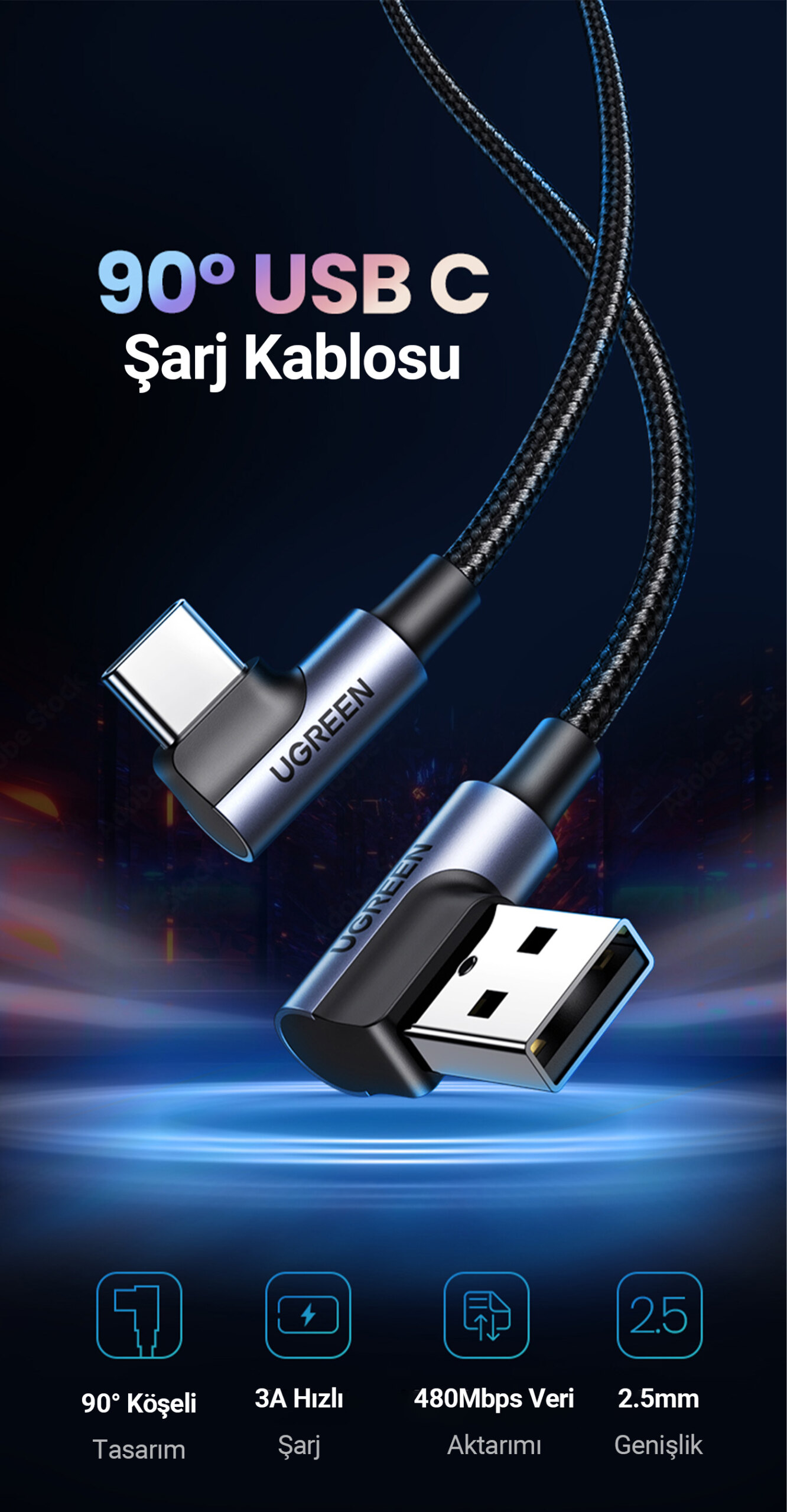 Ugreen USB-A to Type-C 90 Derece 3A Hızlı Şarj ve Data Kablosu 3 Metre ...