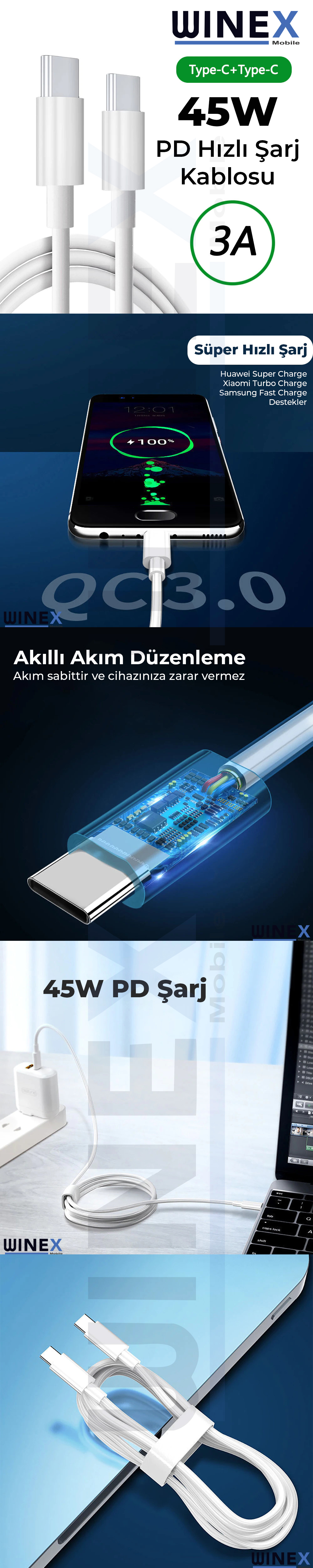 Winex Huawei MatePad Pro Tablet İle Uyumlu 3A 45W Type-C to Type-C ...