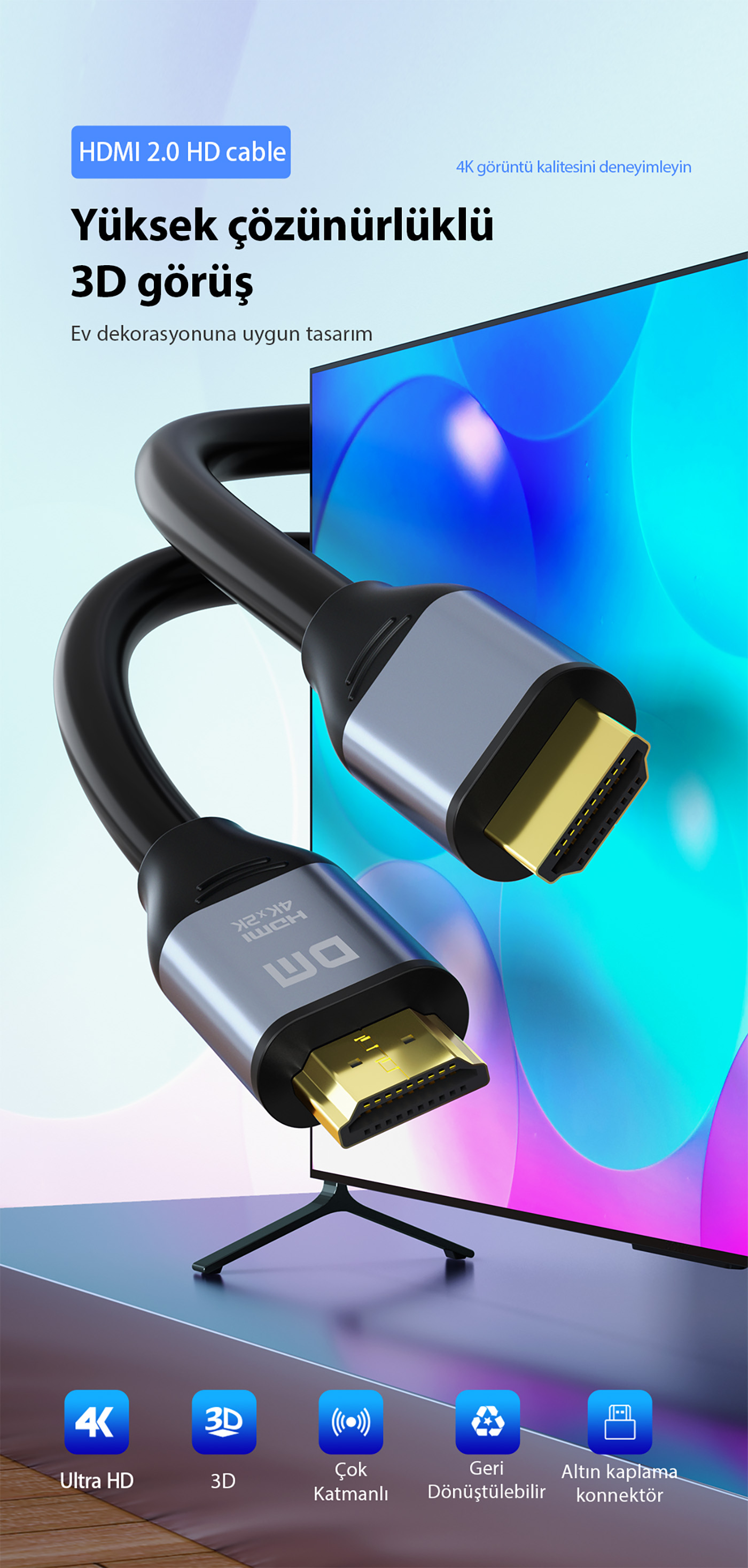 DM HI020 4K 60Hz HDMI 2.0 Görüntü ve Ses Aktarım Kablosu 20 Metre ...