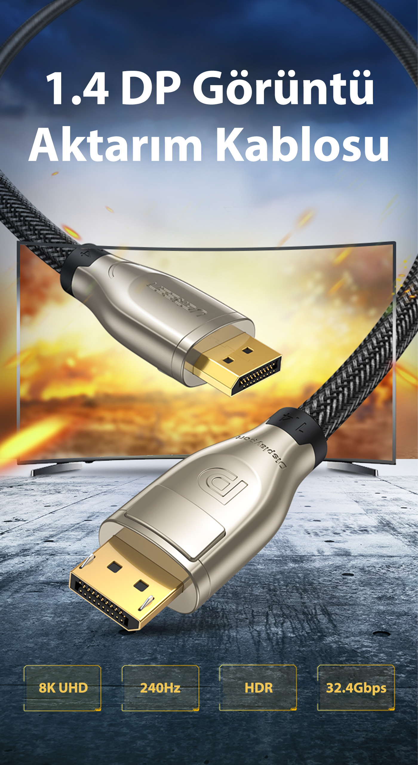 Ugreen 8K 60Hz 4K 144Hz v1.4 DisplayPort Görüntü ve Ses Aktarım Kablosu ...