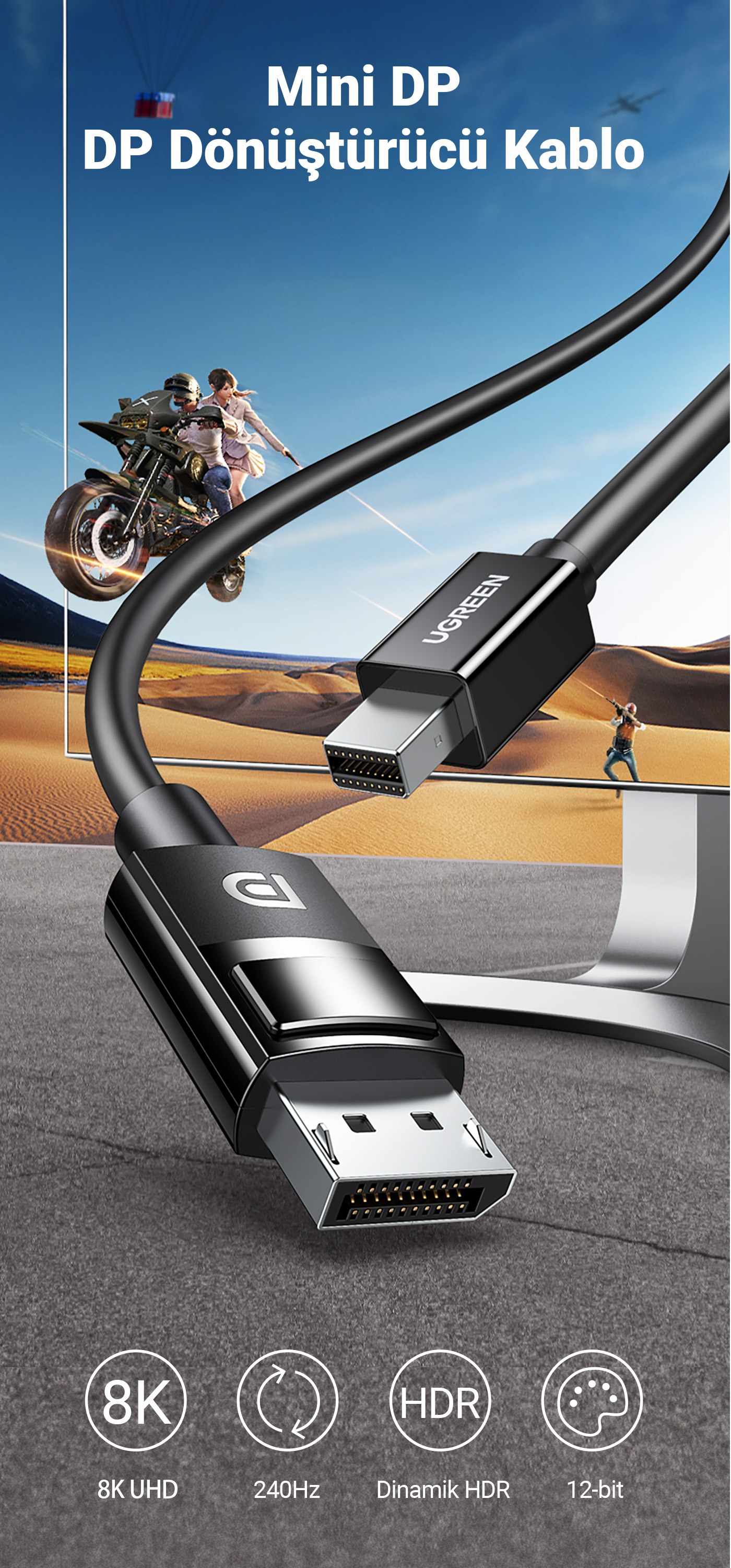 Ugreen 8K 60Hz Mini DP to DisplayPort Ses ve Görüntü Aktarım Kablosu 1.5 Metre Fiyatları ve ...