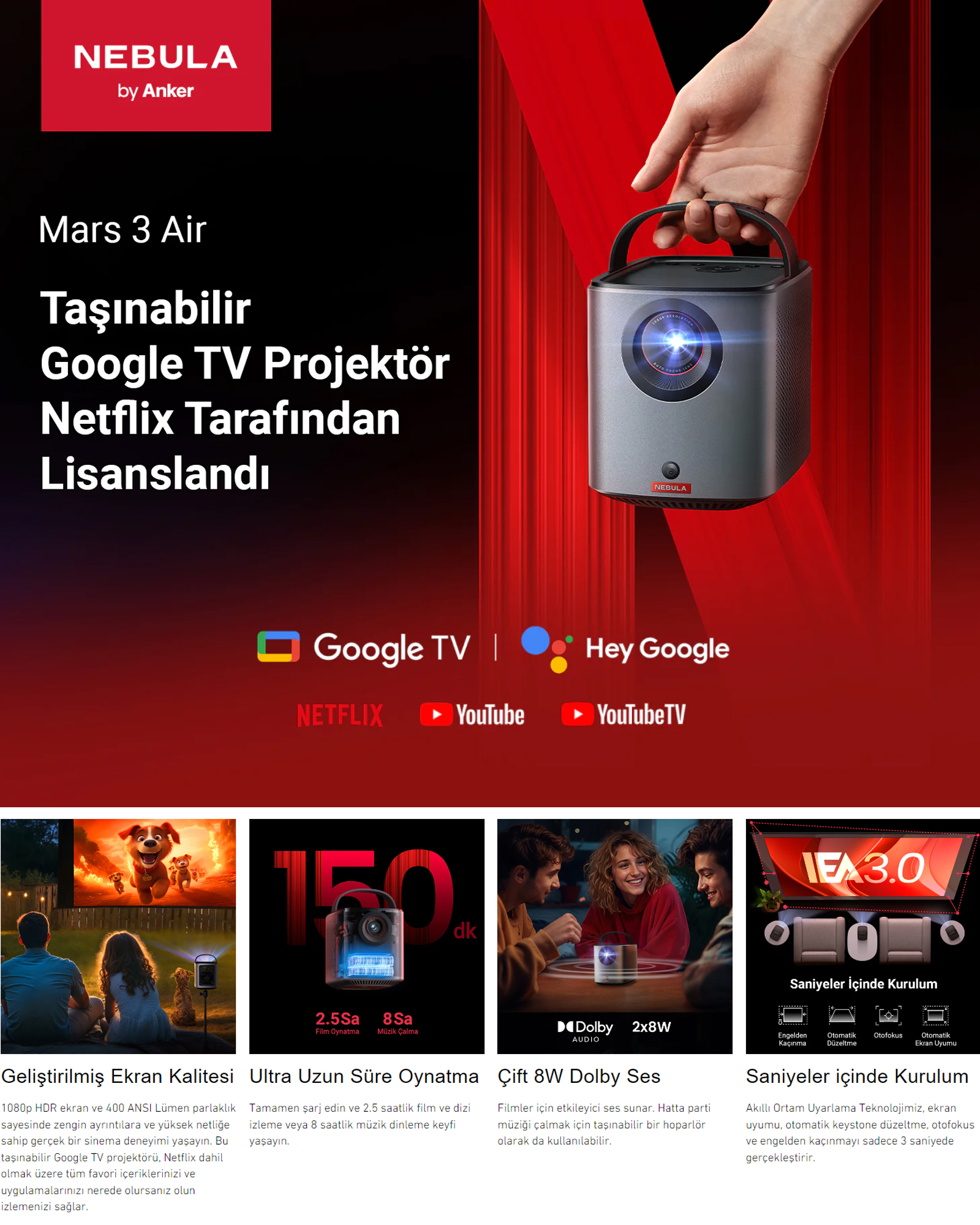 Anker Nebula Mars 3 Air 2023 400 Lümen Akıllı Taşınabilir WiFi Kablosuz ...