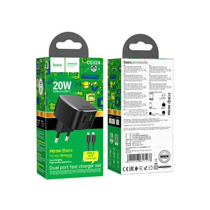 Hoco CS32A PD20W USB Type-C + Lightning Kablo Hızlı Şarj Adaptör Seti Fiyatları ve Özellikleri