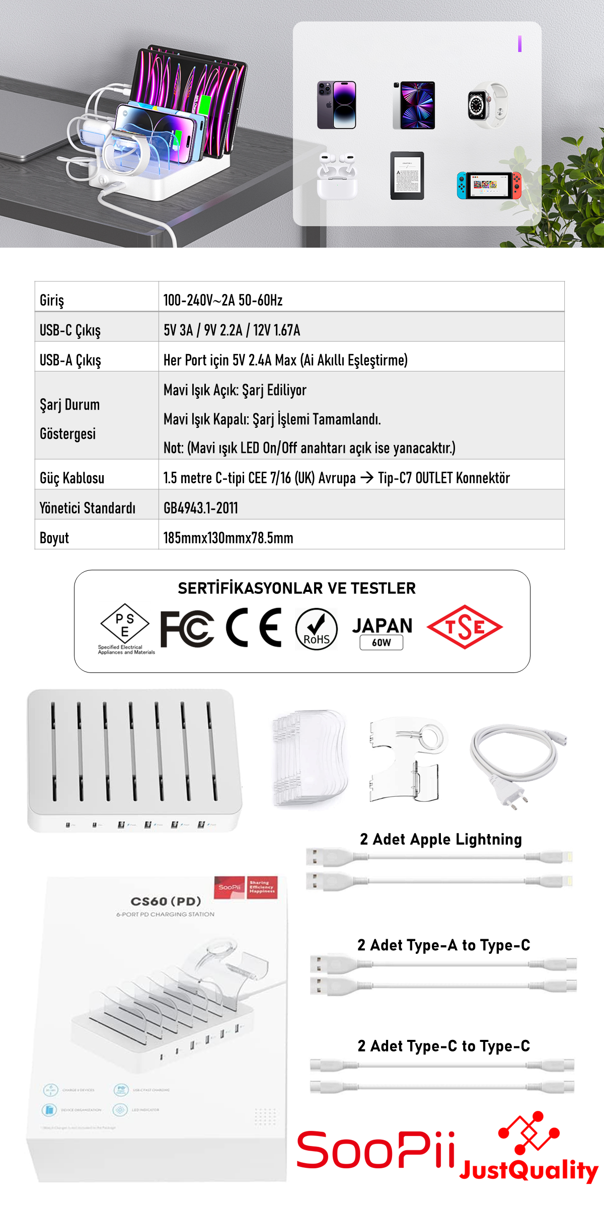 SooPii CS60 PD 3.0 60W/12A 6 Port Çoklu Şarj Cihazı Şarj İstasyonu ...