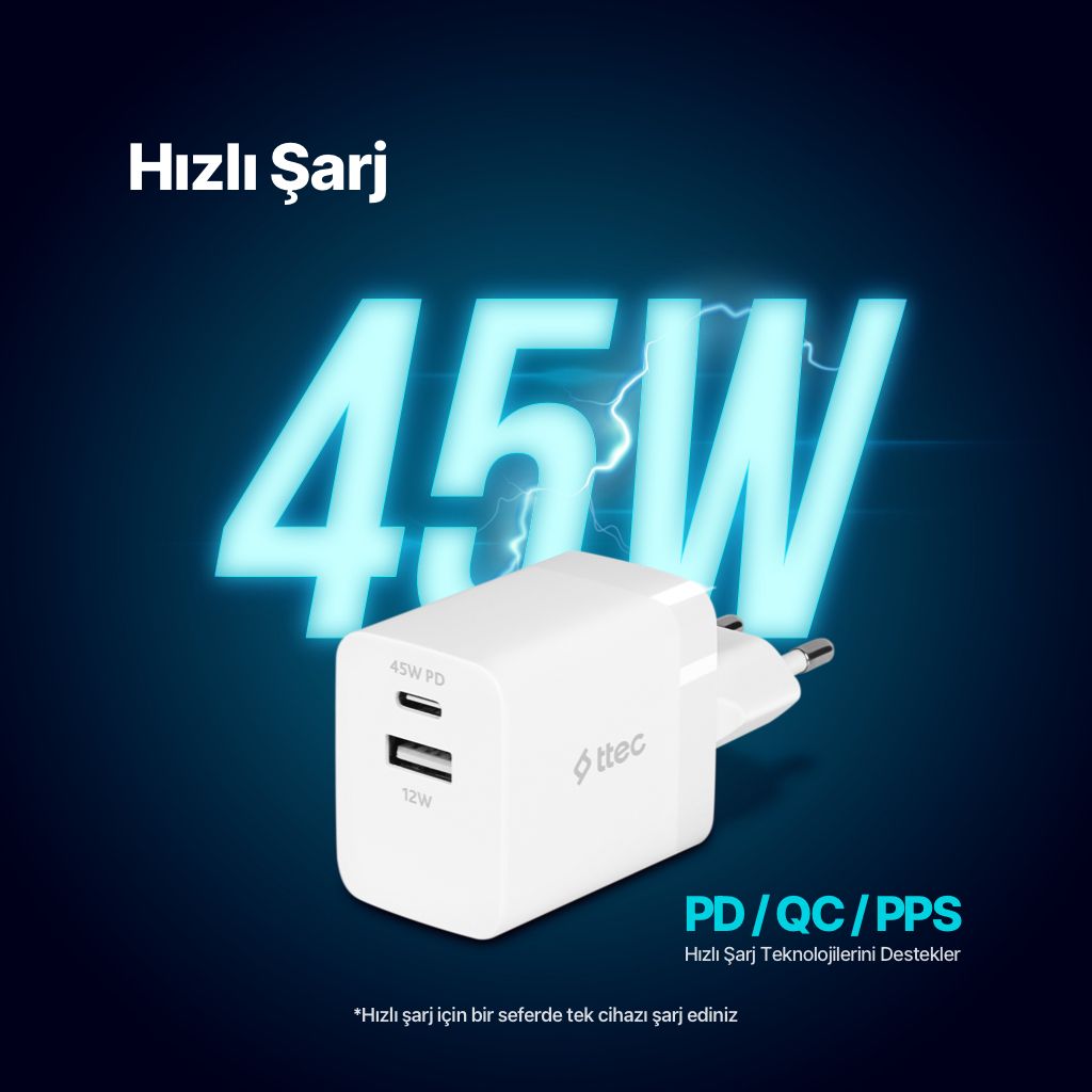 Ttec Smartcharger Duo PD 45W Seyahat Hızlı Şarj Aleti Siyah Fiyatları ve Özellikleri