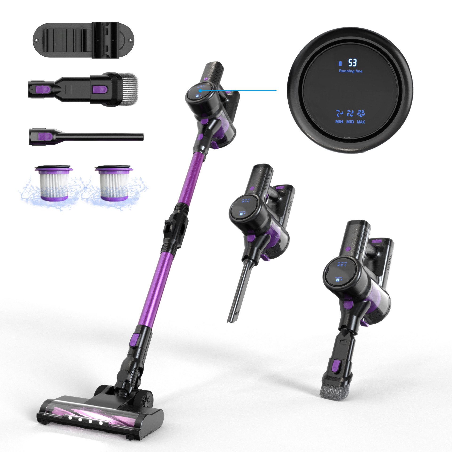 Cbtx Elektrikli Kablosuz Led Işıklı Dijitak Gösterge Yüksek Emişli El Tipi Şarjlı Süpürge Mor ...