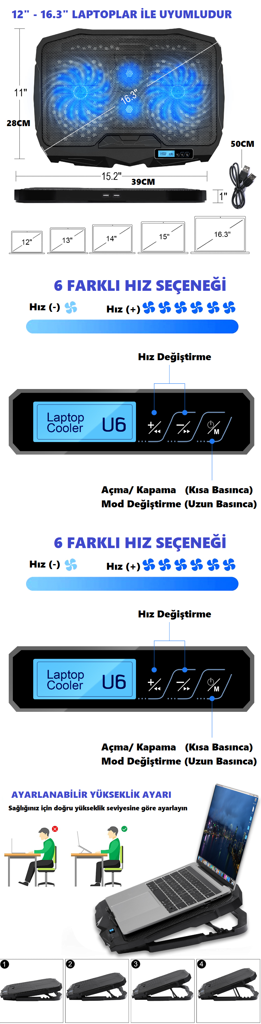 S18 Yükseklik Ayarlı 4 LED Fanlı Ayarlanabilir Laptop Soğutucu Notebook ...