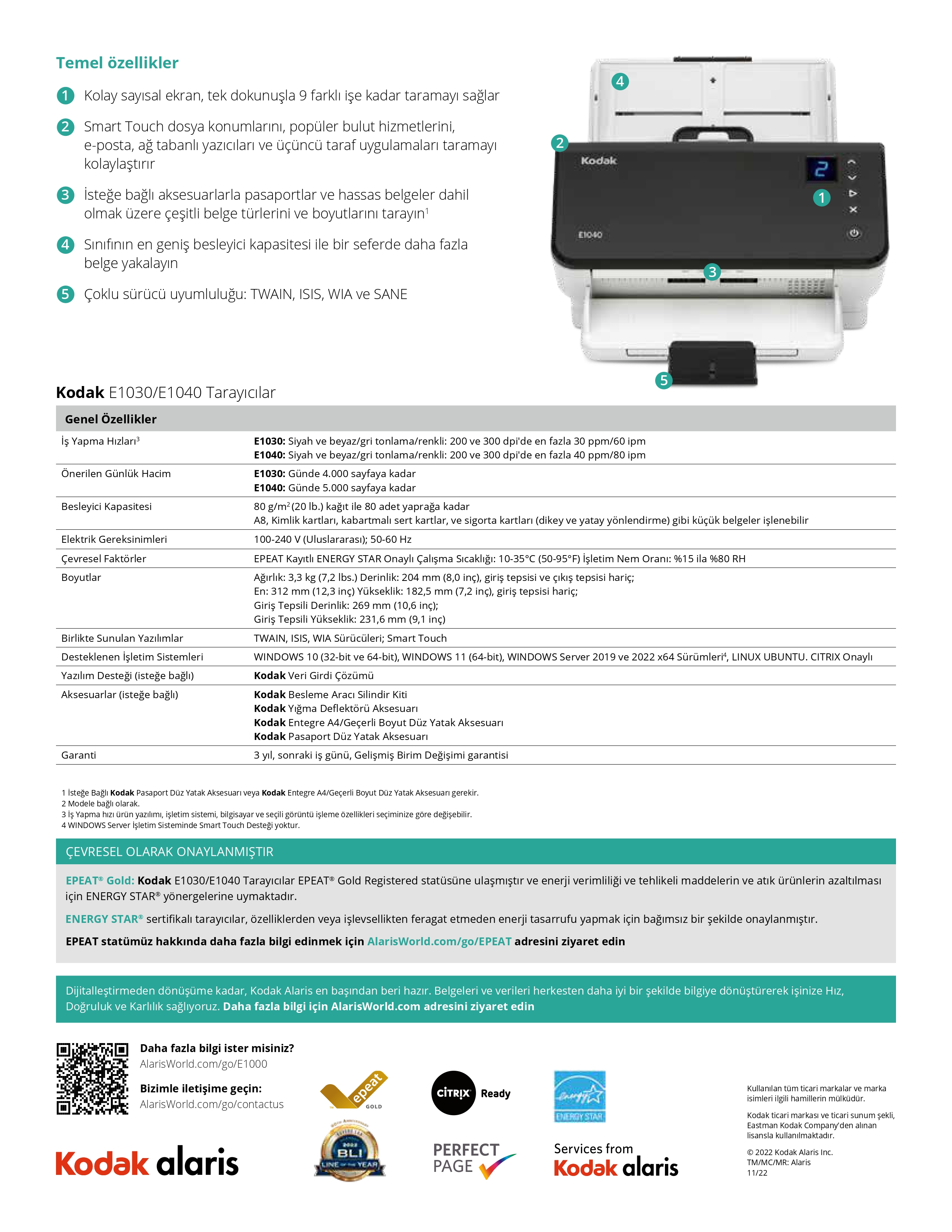 Kodak Alaris E1040 A4 Doküman Tarayıcı Fiyatları ve Özellikleri