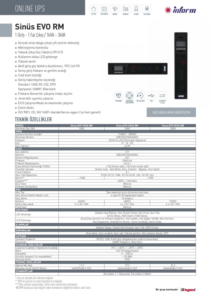 Inform Sinus Evo LCD 2 KVA Rack Mount Online UPS Güç Kaynağı Fiyatları ...
