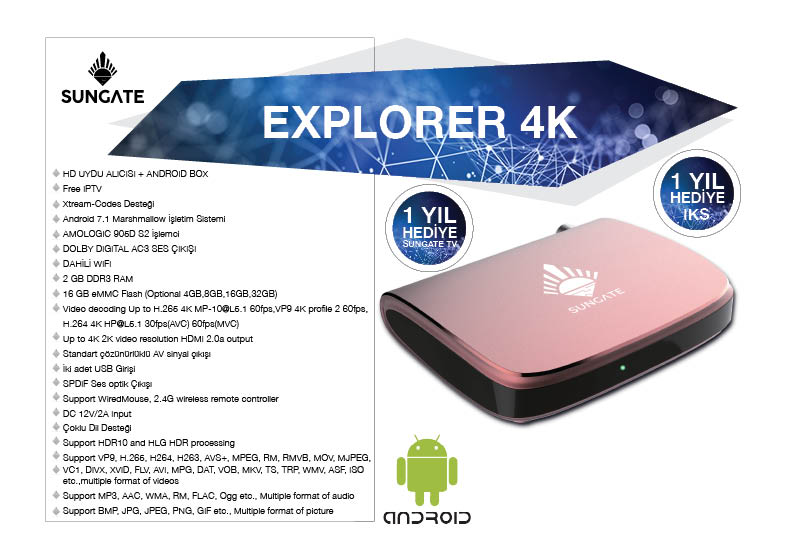 Sungate Explorer 4K Android Box Fiyatları ve Özellikleri