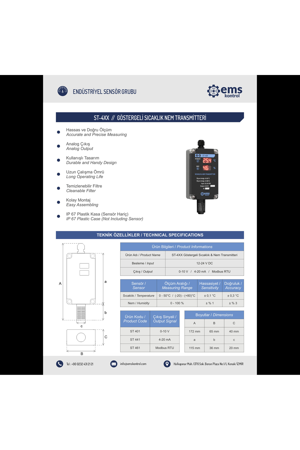 Ems Kontrol - Göstergeli Sıcaklık Nem Transmitteri Modbus Rtu / -20 ...