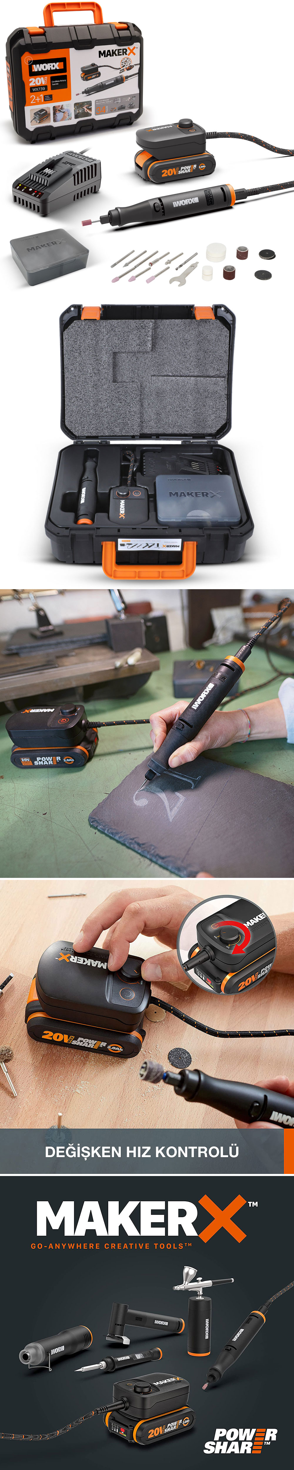 Worx WX739 MakerX 20Volt 2.0Ah Kömürsüz Profesyonel Kalem Tipi Devir Ayarlı Gravür Seti + 34 ...