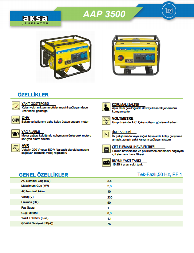 Aksa Aap 3500 İpli 3.5 Kva Monofaze Benzinli Jeneratör Fiyatları ve Özellikleri
