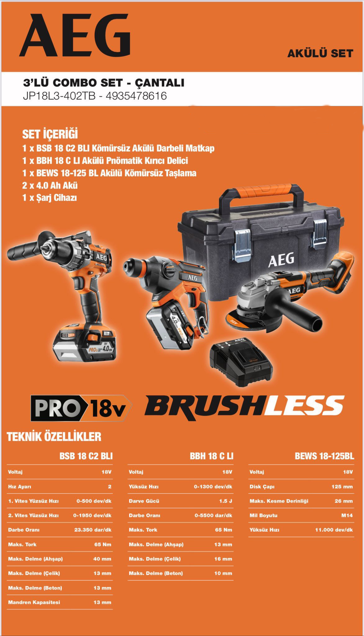 AEG JP18L3-402TB Comba Çift Akülü Profesyonel Akülü Set 3'lü ...