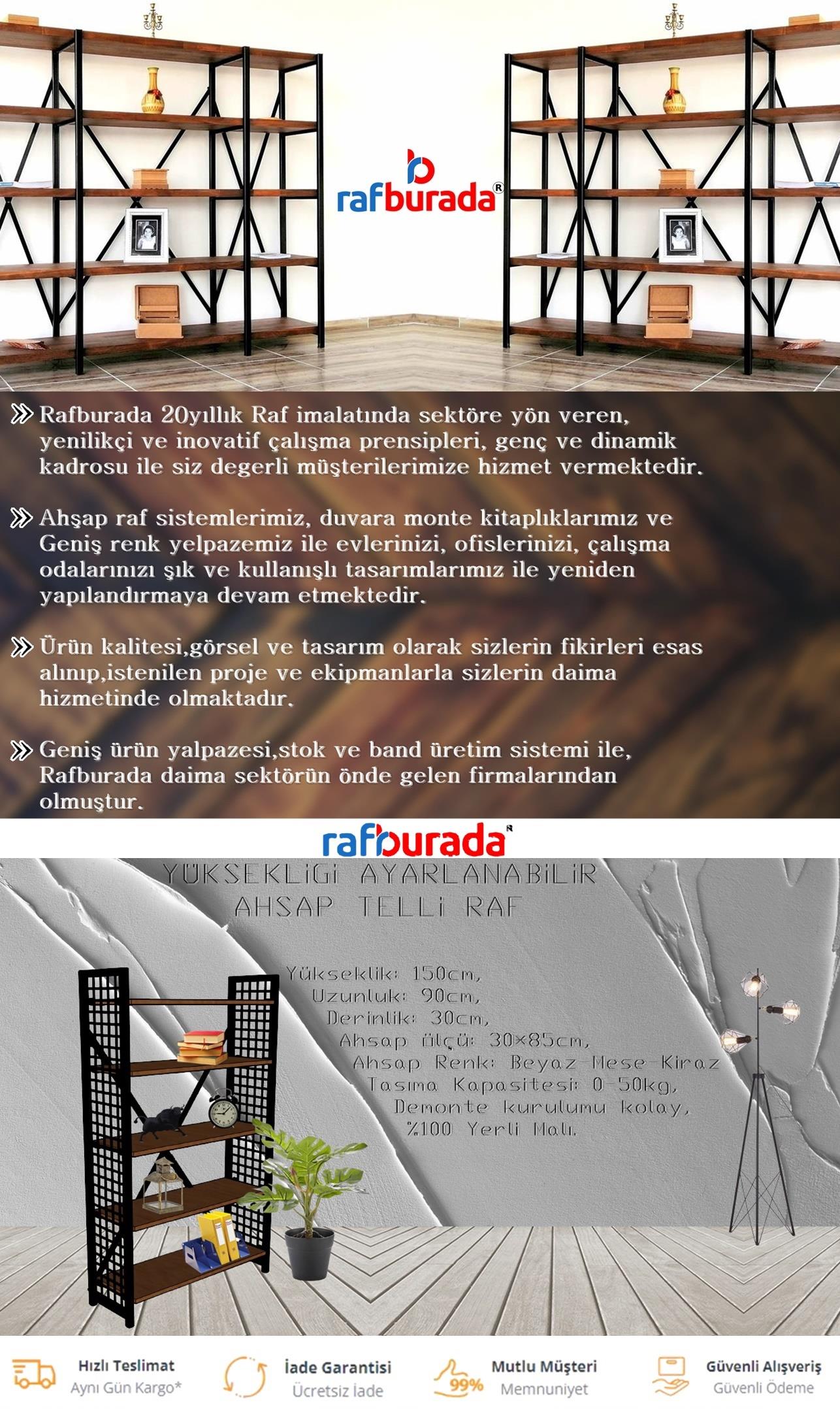 Rafburada Rafburada®4 Katlı Dekoratif Telli Kitaplık, Ayarlanabilir Raf Meşe Fiyatları ve ...